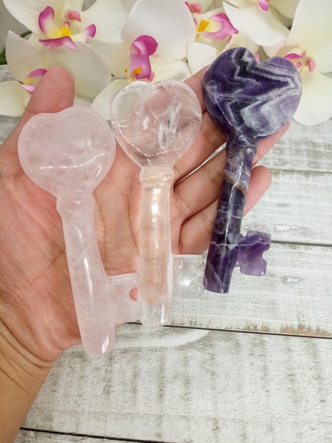 Rose Quartz/Clear Quartz/Dream Amethyst Heart Key Carvings - Etsy.de