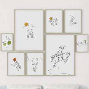 Cowboy Line Art Gallery Set of 8 Drawing, Horse Rider Lasso Decoration ...