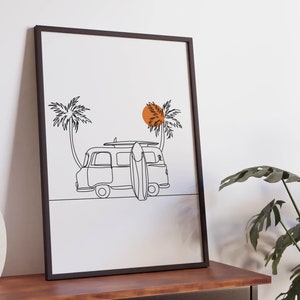 Minimalist Van Life Line Art, Surfing Drawing Poster, Surfer Print ...
