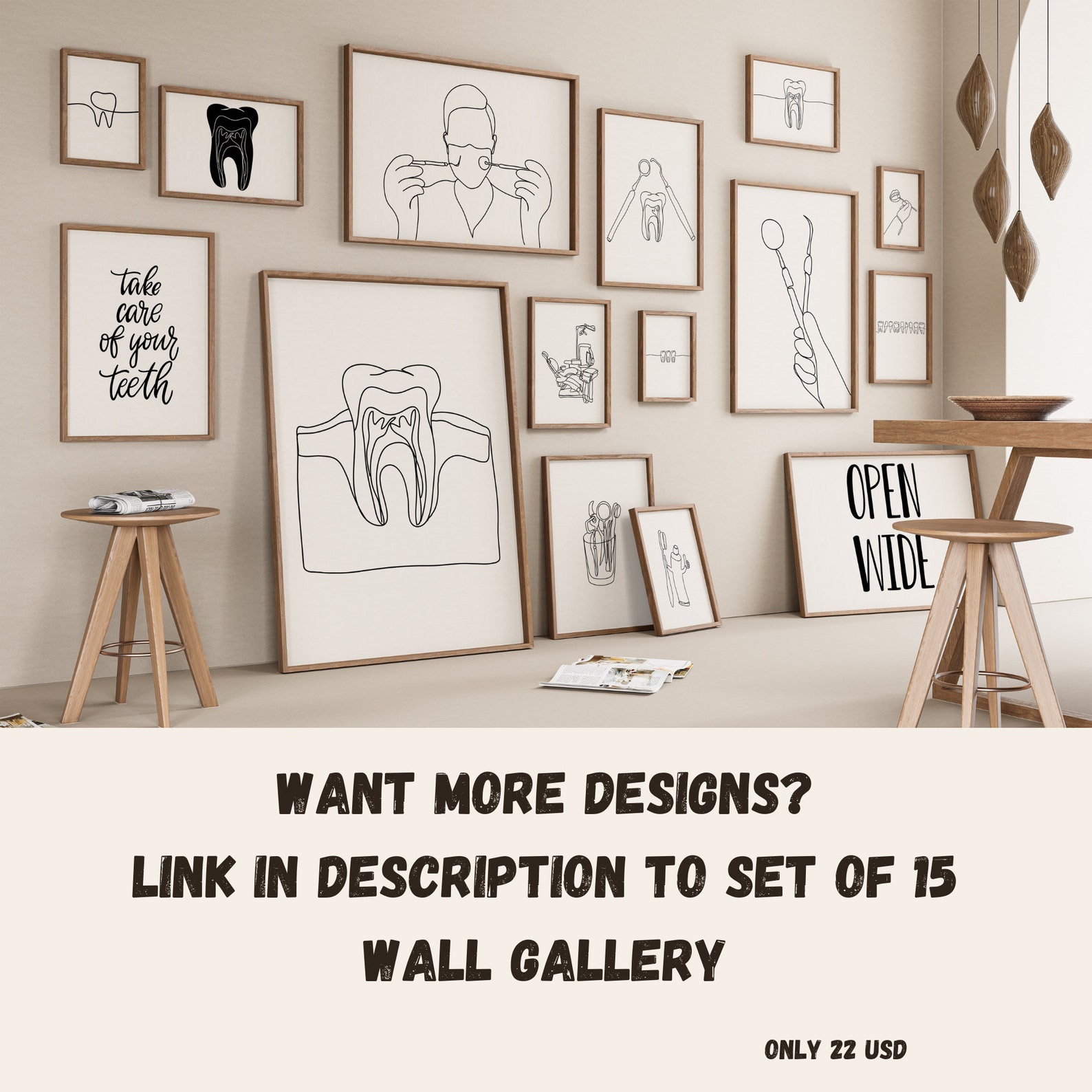 Dentist Gallery Set of 6 Drawings, Dental Office Decoration, Minimalist ...