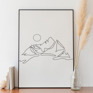 Minimalist Mountain and Sun Line Art, Digital Download, Landscape ...