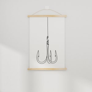 Fishing Hook Wall Art, Minimalist Line Art, Fish Bait Drawing Poster ...