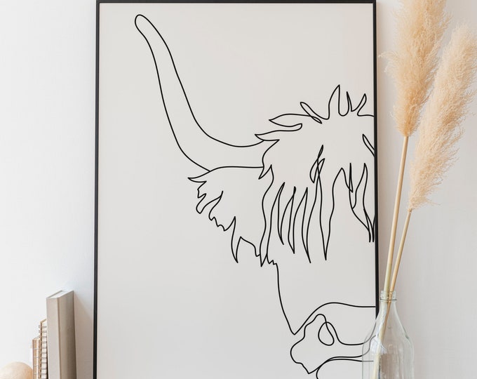 Highland Cow Art Print / Line Wall Art / Animal Art / Line Art Print ...