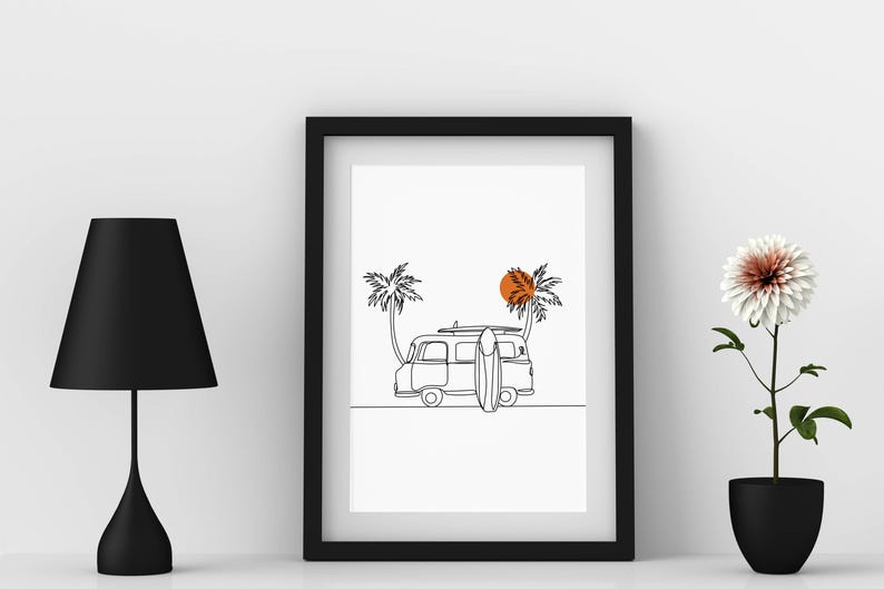 Minimalist Van Life Line Art, Surfing Drawing Poster, Surfer Print ...