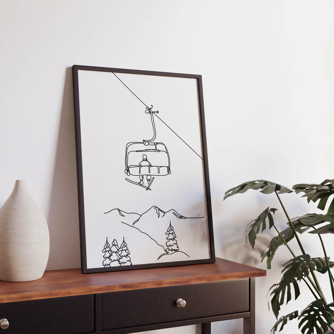 Minimalist Skier Ski Lift Line Art Print, Decoration, Digital Download ...