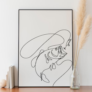 Fishing Wall Art, Minimalist Line Art, Fish Drawing Poster, Fisherman ...