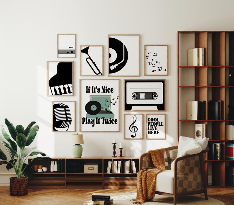 Retro Music Gallery Set of 10 Drawings, Piano Print, Guitar Poster ...