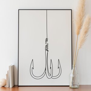 Fishing Hook Wall Art, Minimalist Line Art, Fish Bait Drawing Poster ...