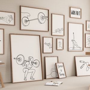 Sport Gallery Set of 15 Drawings, Gym Decoration, Minimalist Line Art ...