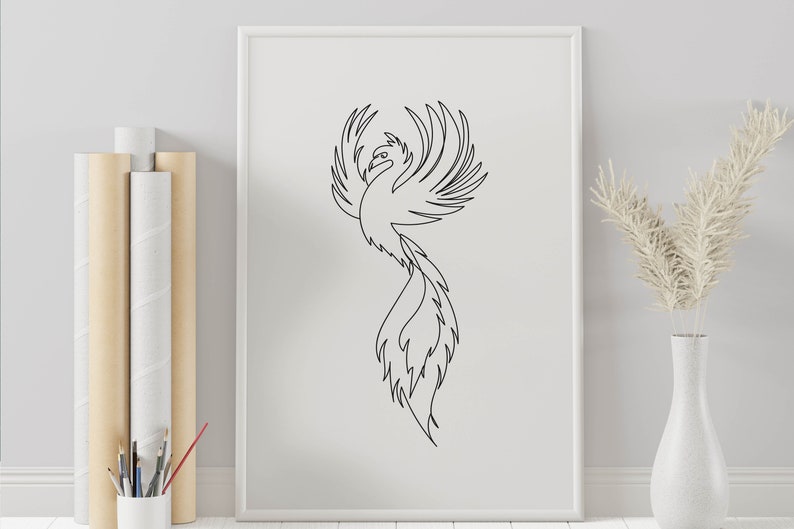 Minimalist Rising Phoenix Line Art, Digital Download, Simple Sketch ...