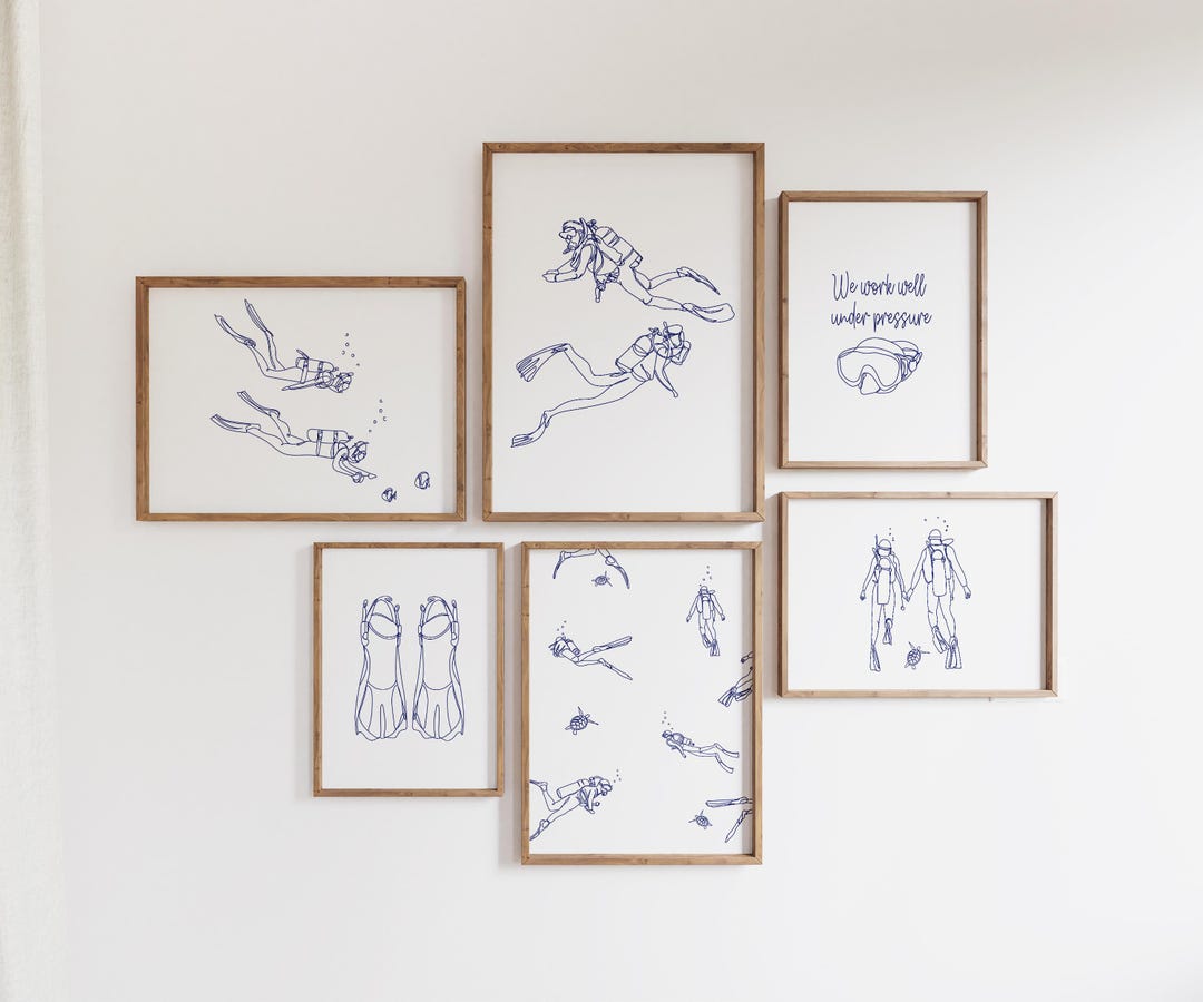 Minimalist Couple Scuba Diving Wall Gallery Set 6, Line Art, Digital ...