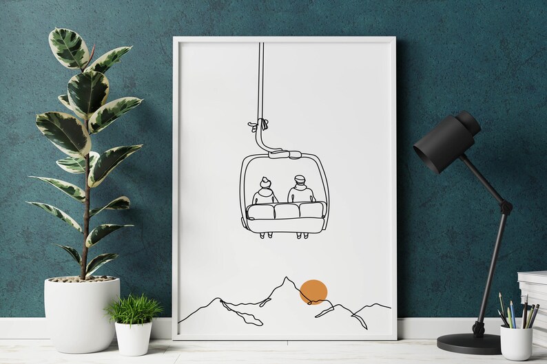 Minimalist Couple in Ski Lift Line Art Print, Decoration, Digital ...