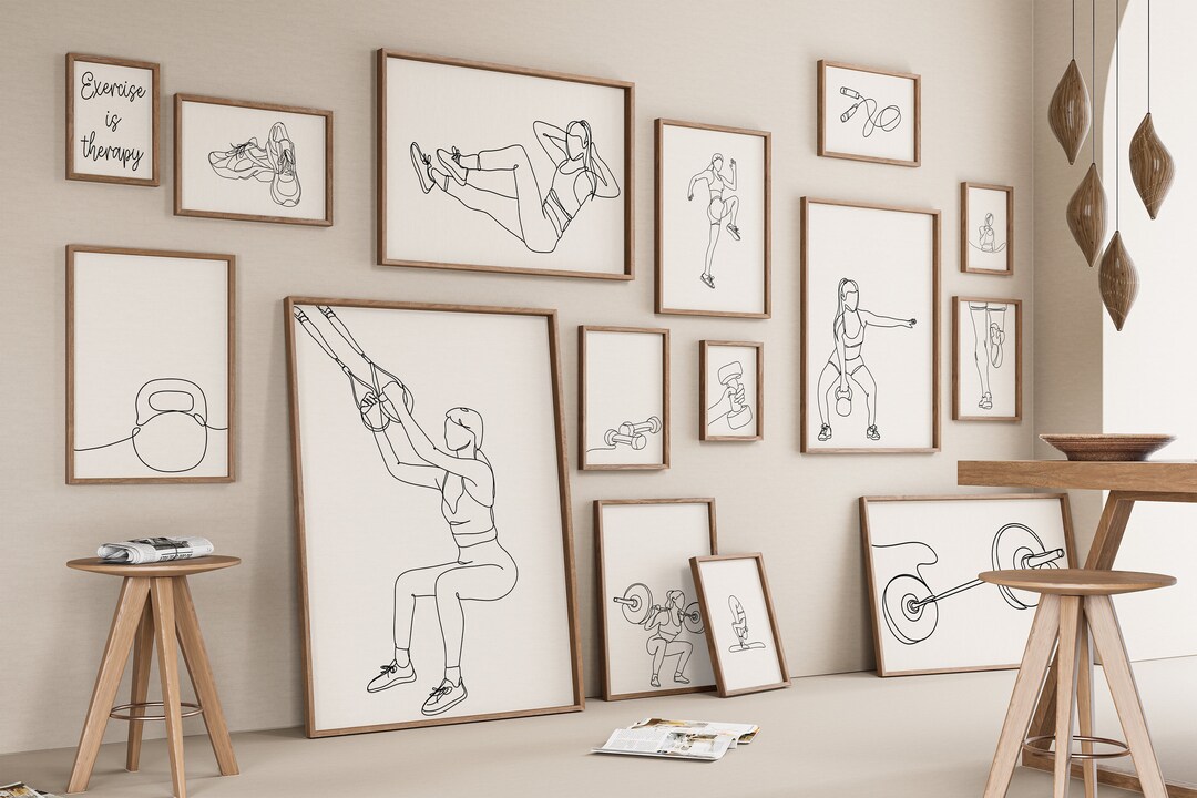 Sport Gallery Set of 15 Drawings, Gym Decoration, Minimalist Line Art ...
