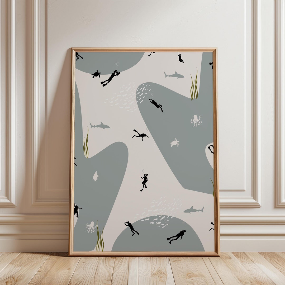 Retro Snorkeling Poster, Sport Drawing, Athlete Diver Print, Blue ...
