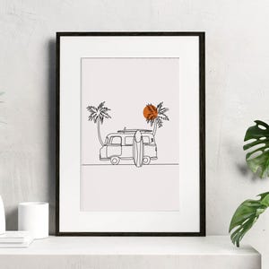Minimalist Van Life Line Art, Surfing Drawing Poster, Surfer Print ...
