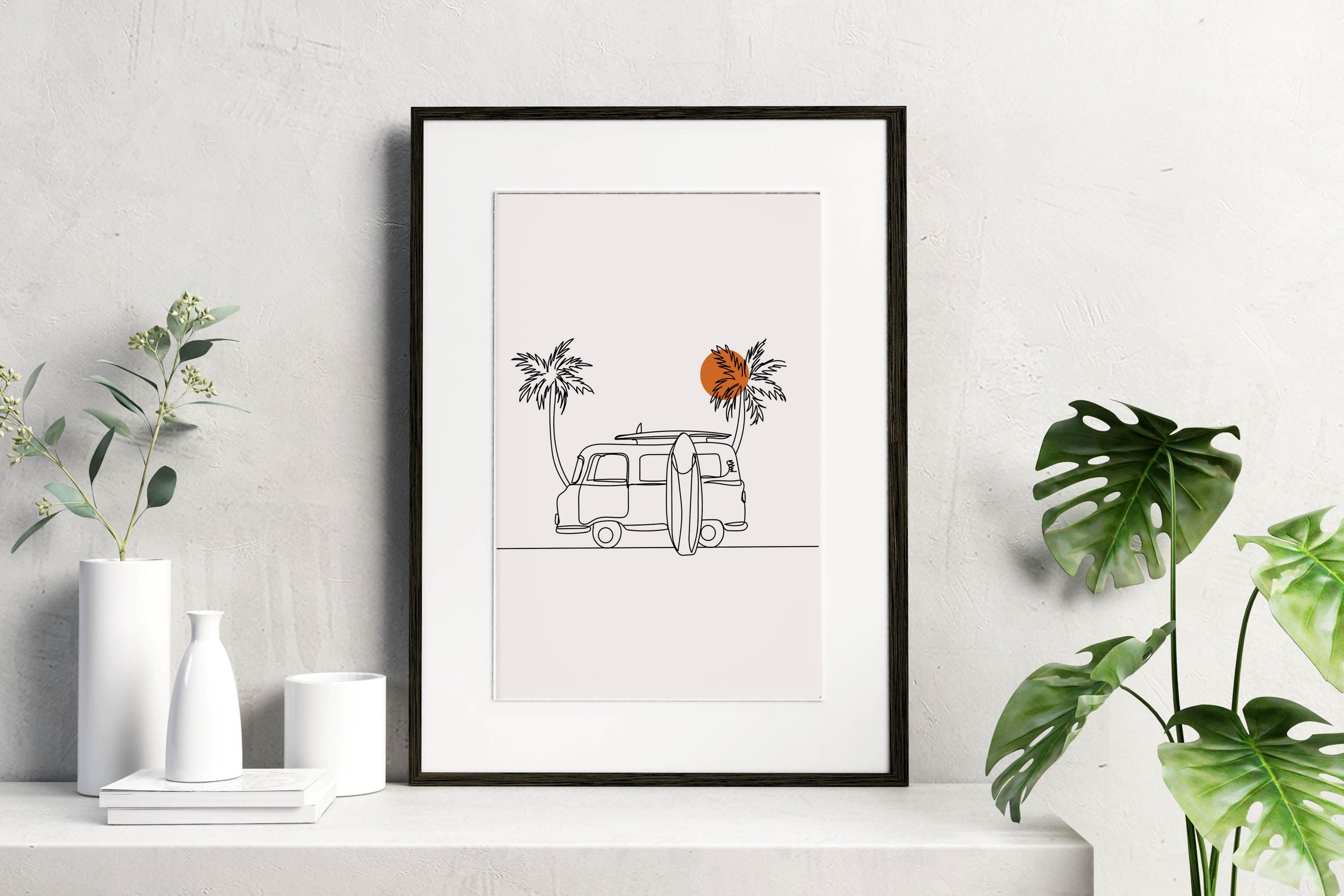 Minimalist Van Life Line Art, Surfing Drawing Poster, Surfer Print ...