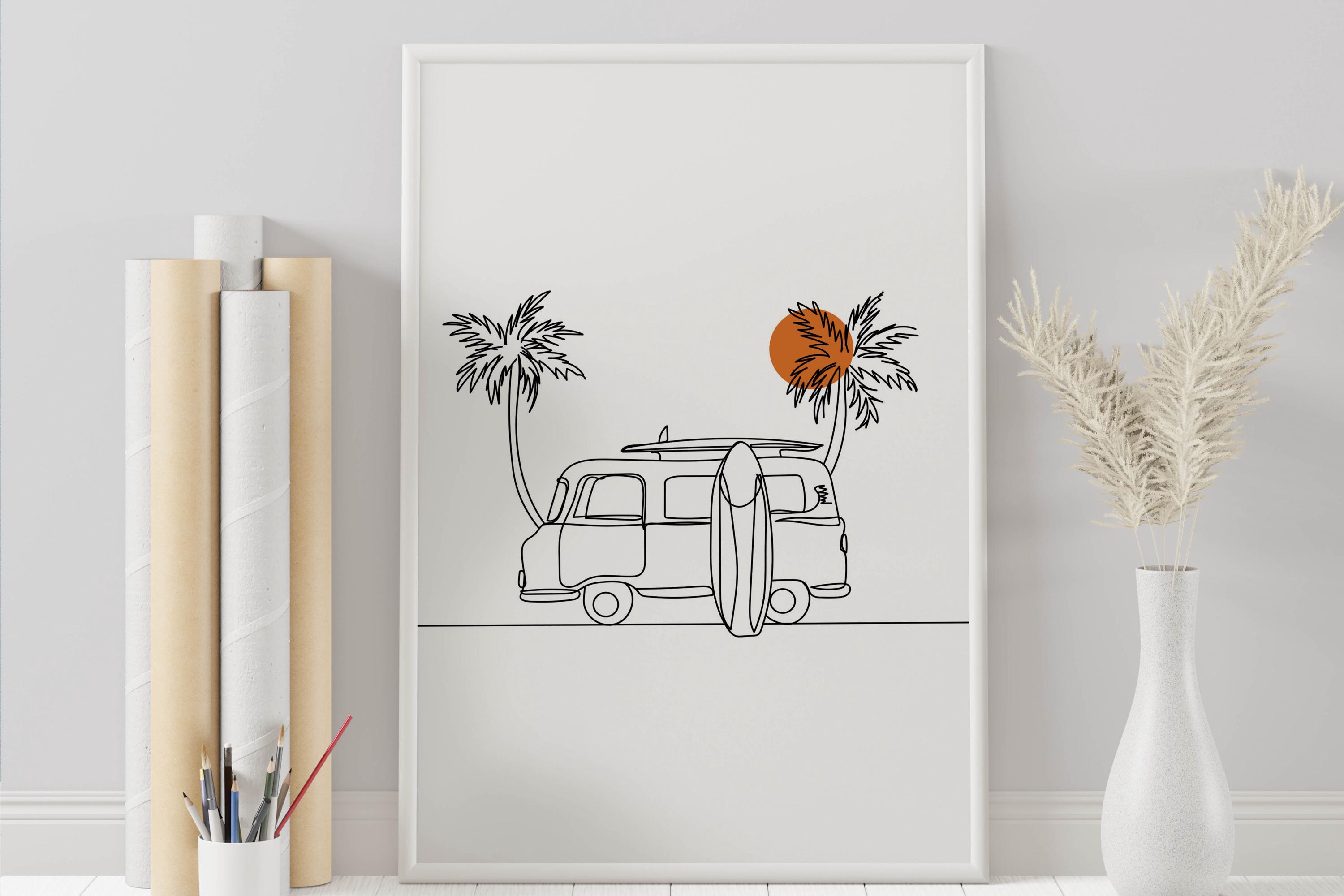 Minimalist Van Life Line Art, Surfing Drawing Poster, Surfer Print ...