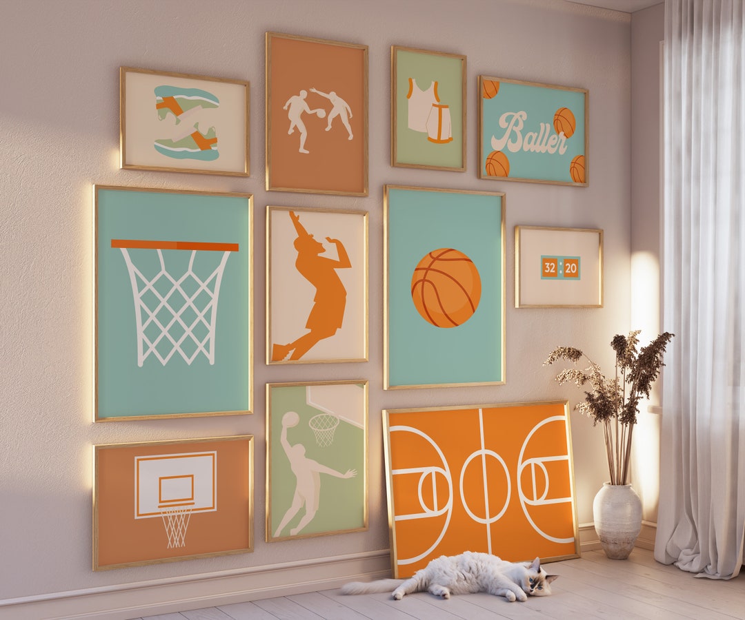 Retro Basketball Gallery Set of 11 Drawings, Minimalist Slam Dunk Print ...