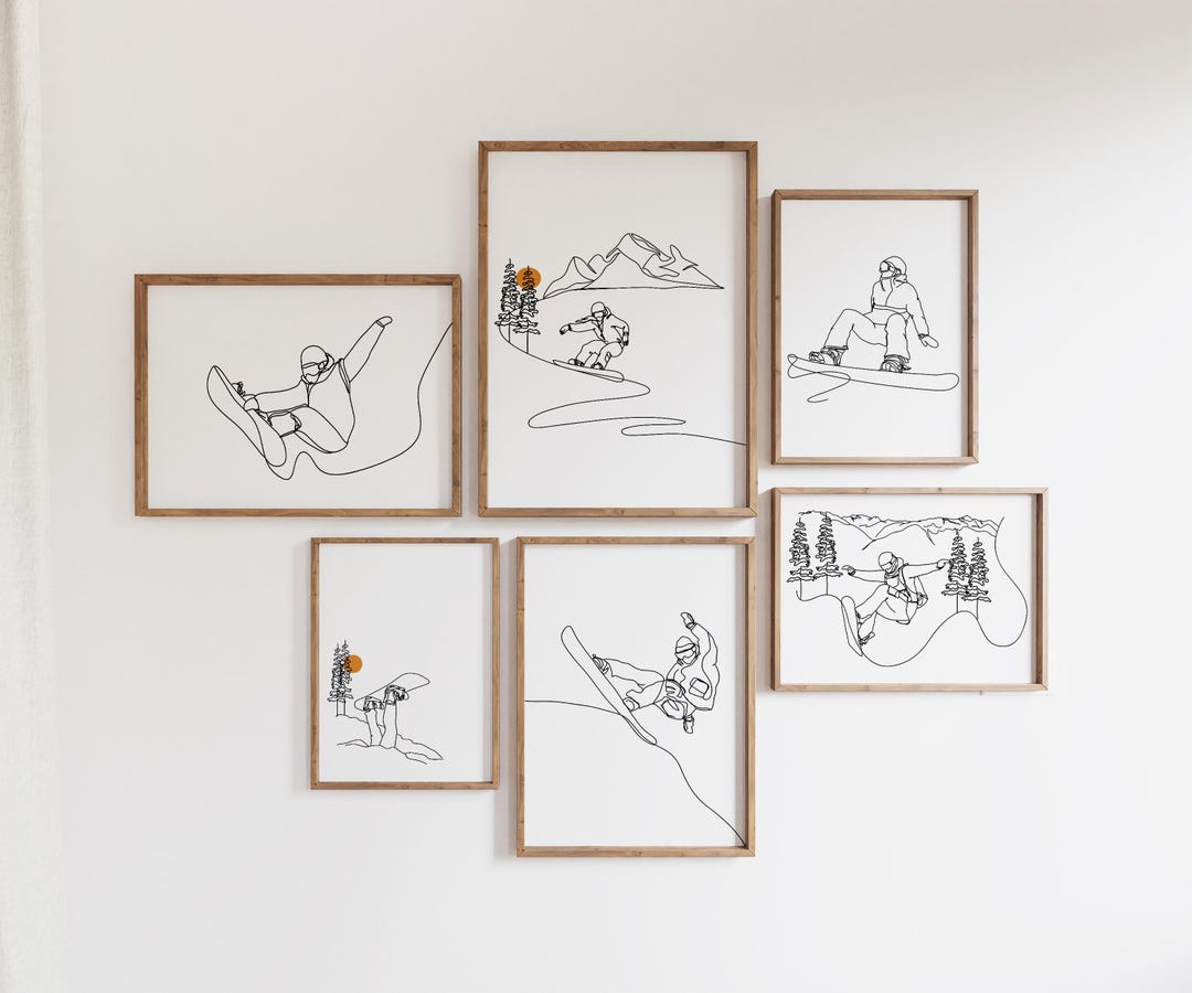 Snowboarding Gallery Set of 6 Drawings, Minimalist Line Art Print ...