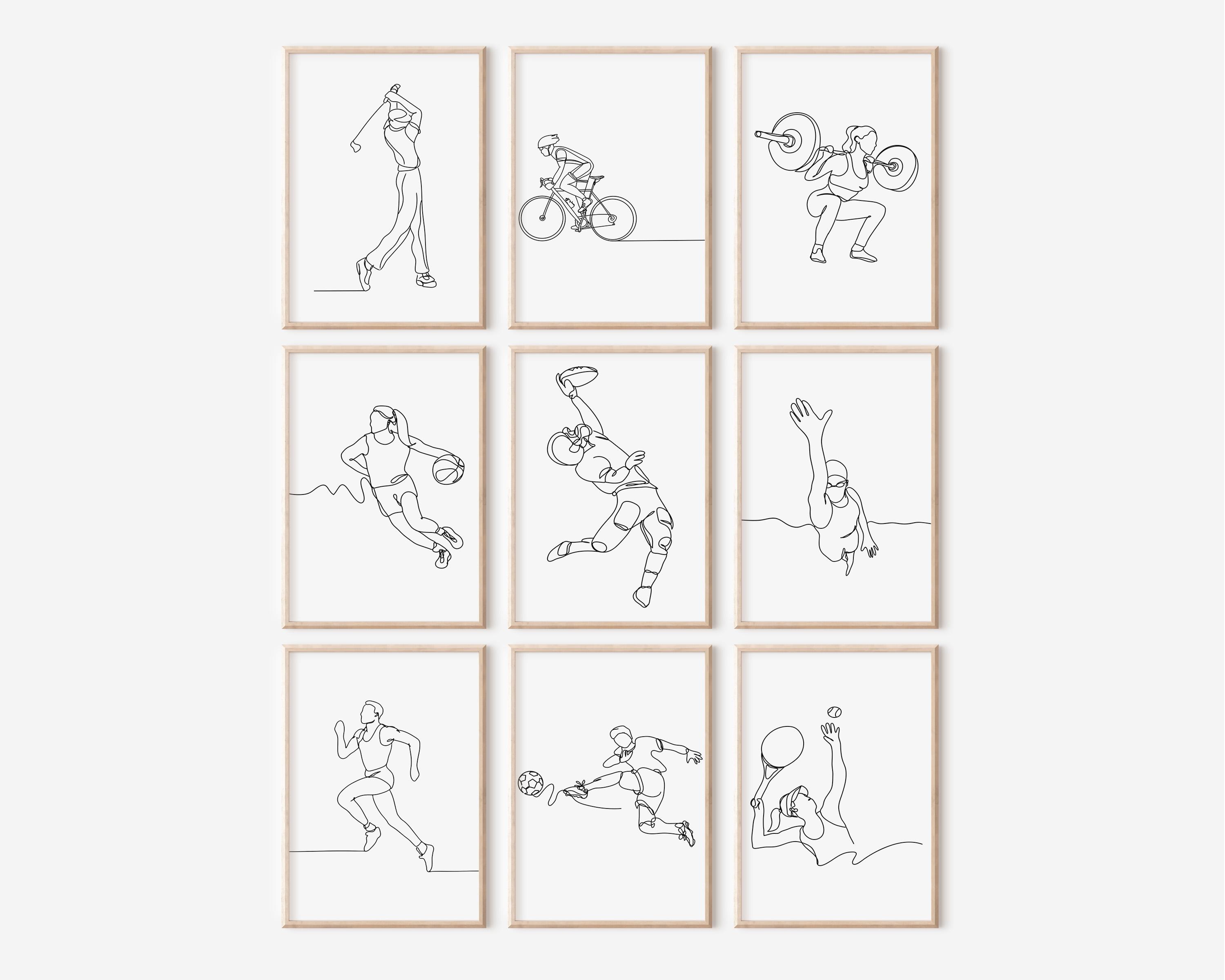 Minimalist Sport Line Art, Gallery Set of 9 Drawings, Digital Files ...