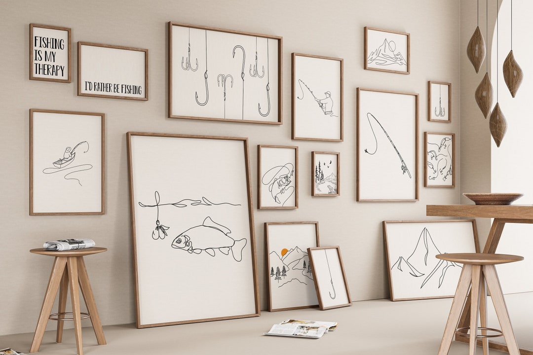 Fishing Gallery Set of 15 Drawings, Minimalist Line Art Print, Fish Rod ...