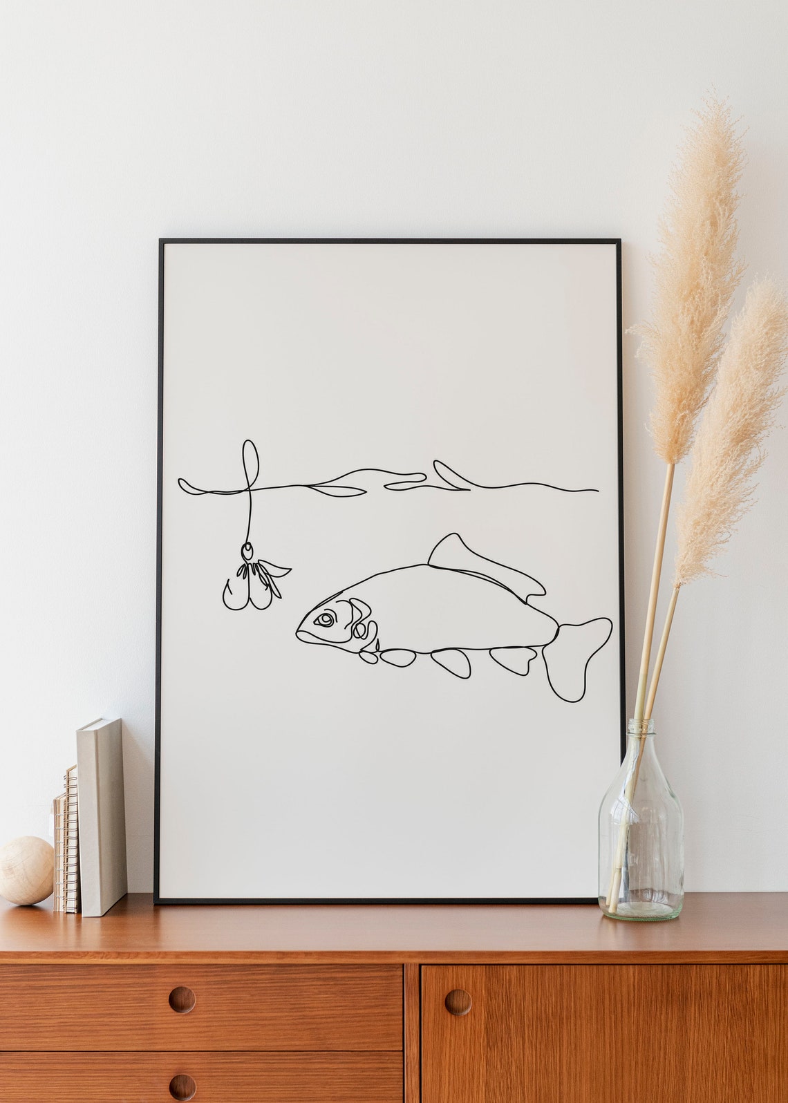 Fishing Wall Art, Minimalist Line Art, Fish Drawing Poster, Fisherman ...