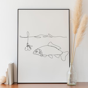 Fishing Wall Art, Minimalist Line Art, Fish Drawing Poster, Fisherman ...