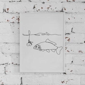 Fishing Wall Art, Minimalist Line Art, Fish Drawing Poster, Fisherman ...