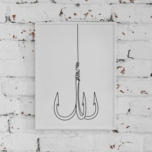 Fishing Hook Wall Art, Minimalist Line Art, Fish Bait Drawing Poster ...
