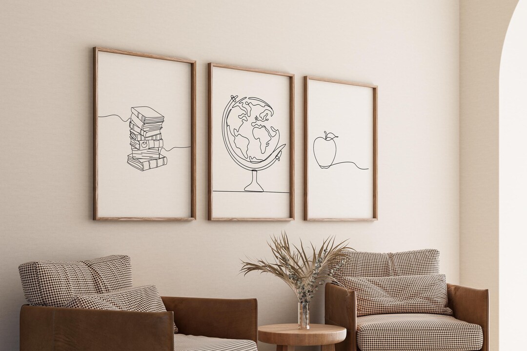 Minimalist Teacher Wall Gallery Set of 3 Apple Line Art, Digital ...