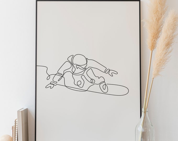 Minimalist Snowboard Line Art Print, Winter Sport Wall Art, Digital ...