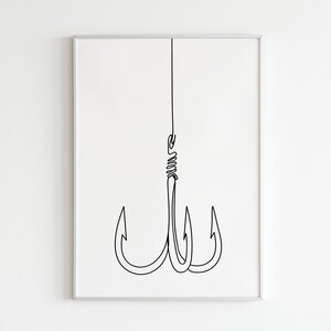 Fishing Hook Wall Art, Minimalist Line Art, Fish Bait Drawing Poster ...