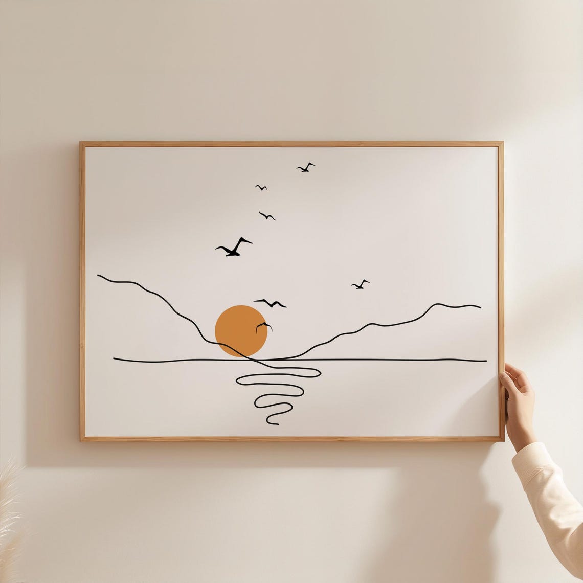 Minimalist Sunset Line Art, Birds Artwork, Ocean Line Art, Digital ...