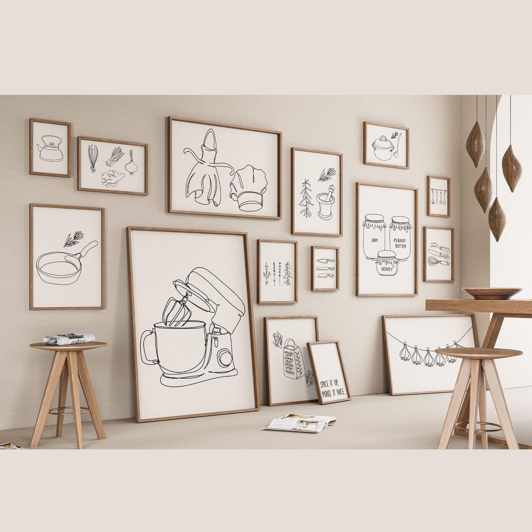Minimalist Cooking Gallery Set of 15 Drawings, Kitchen Utensils Line ...