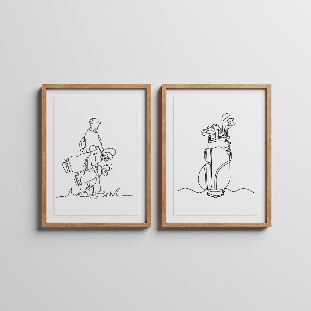 Minimalist Golf Player, Line Art Drawing, Sport Print, Dad With Son ...
