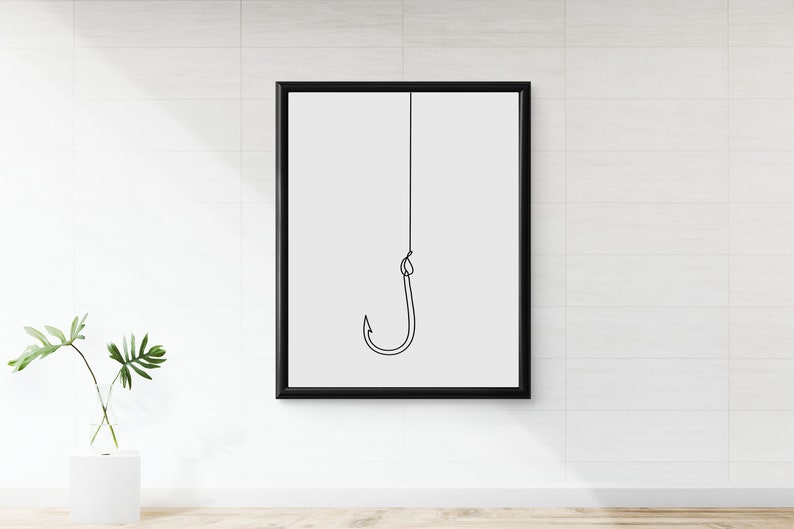 Fishing Hook Wall Art, Minimalist Line Art, Fish Bait Drawing Poster ...