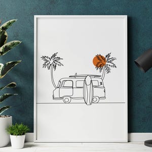 Minimalist Van Life Line Art, Surfing Drawing Poster, Surfer Print ...