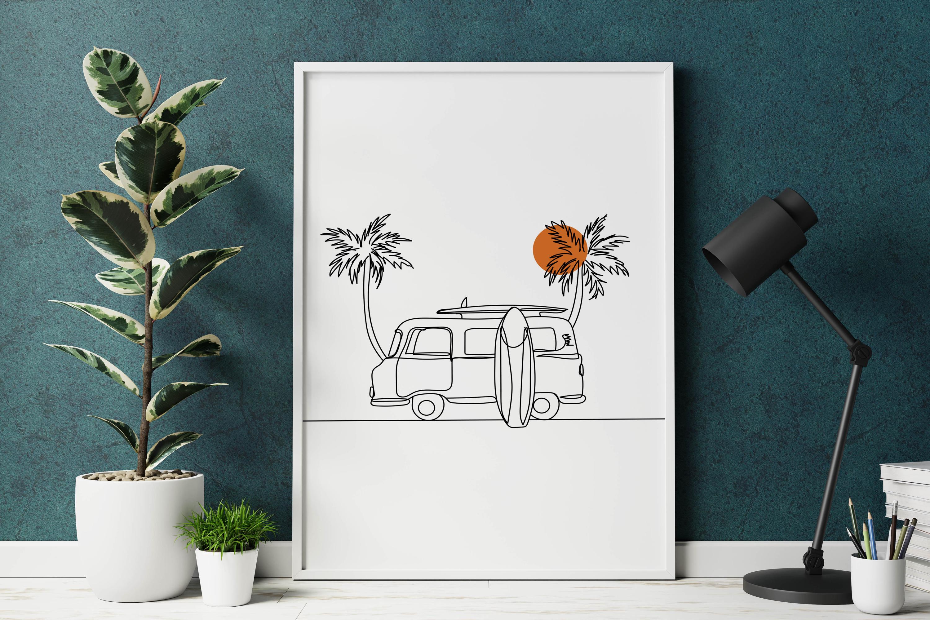 Minimalist Van Life Line Art, Surfing Drawing Poster, Surfer Print ...