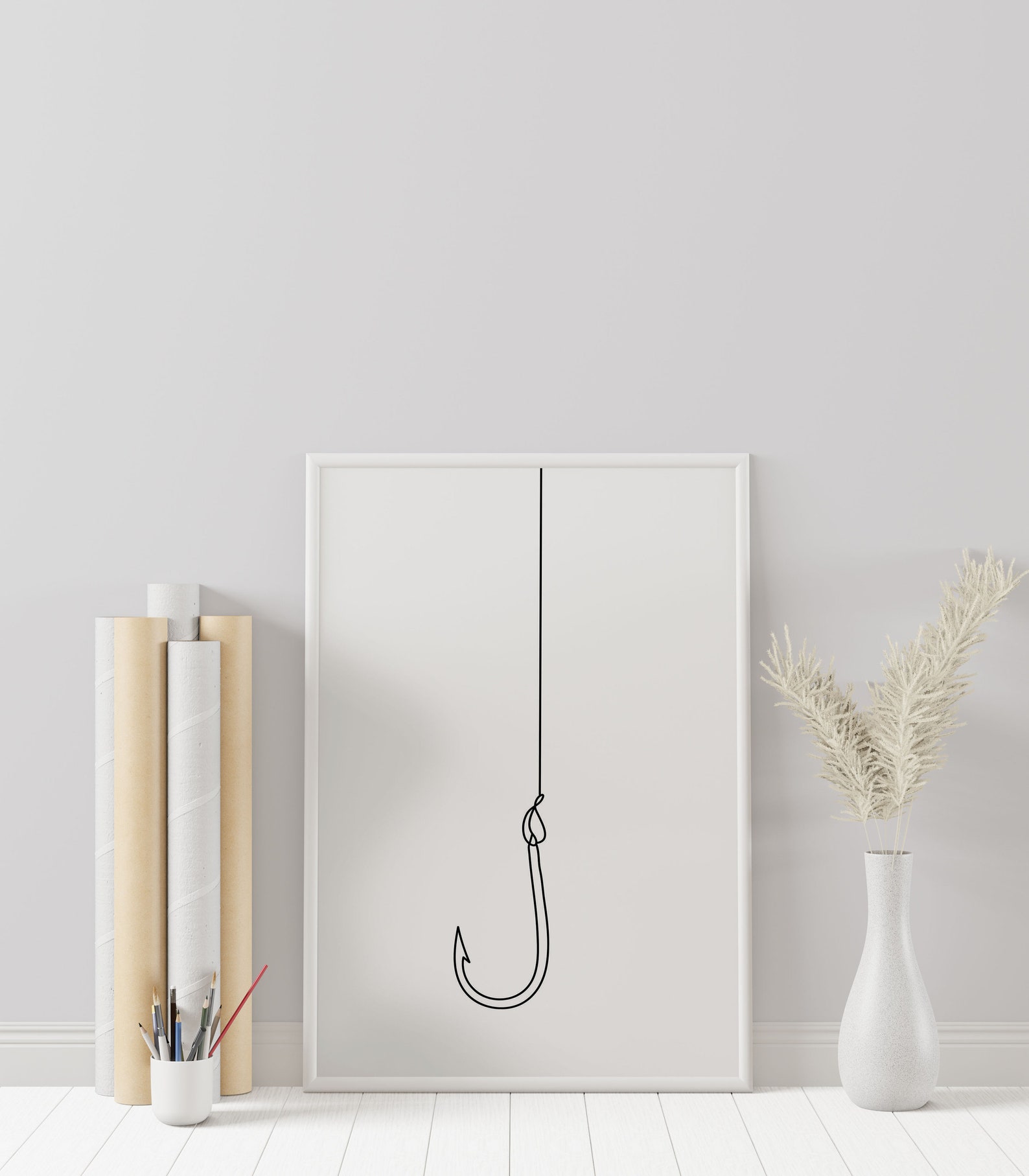Fishing Hook Wall Art, Minimalist Line Art, Fish Bait Drawing Poster ...