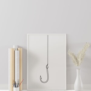 Fishing Hook Wall Art, Minimalist Line Art, Fish Bait Drawing Poster ...