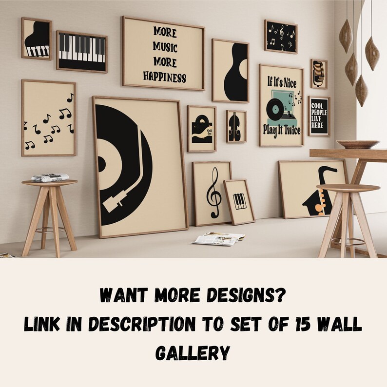Retro Music Wall Art Gallery, Groovy Set 6, Turntable Poster, Piano ...