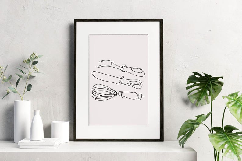 Minimalist Cooking Gallery Set of 15 Drawings, Kitchen Utensils Line ...