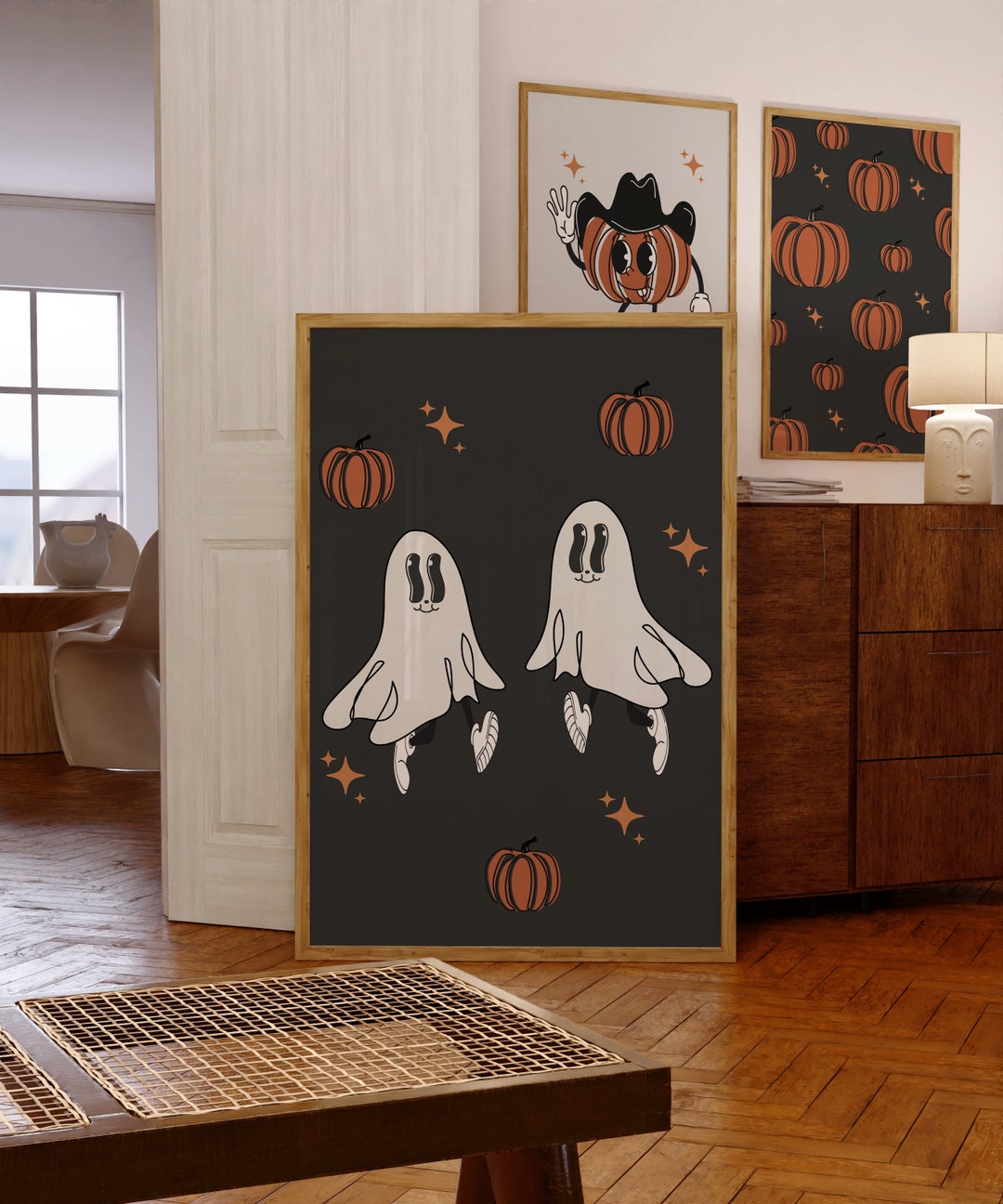 Retro Halloween Poster, Cartoon Ghosts Print, Funky Decoration, Autumn ...