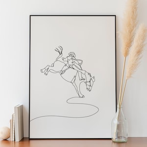 Minimalist Cowboy Line Art, Digital Download, Horse Rider Lasso Print ...