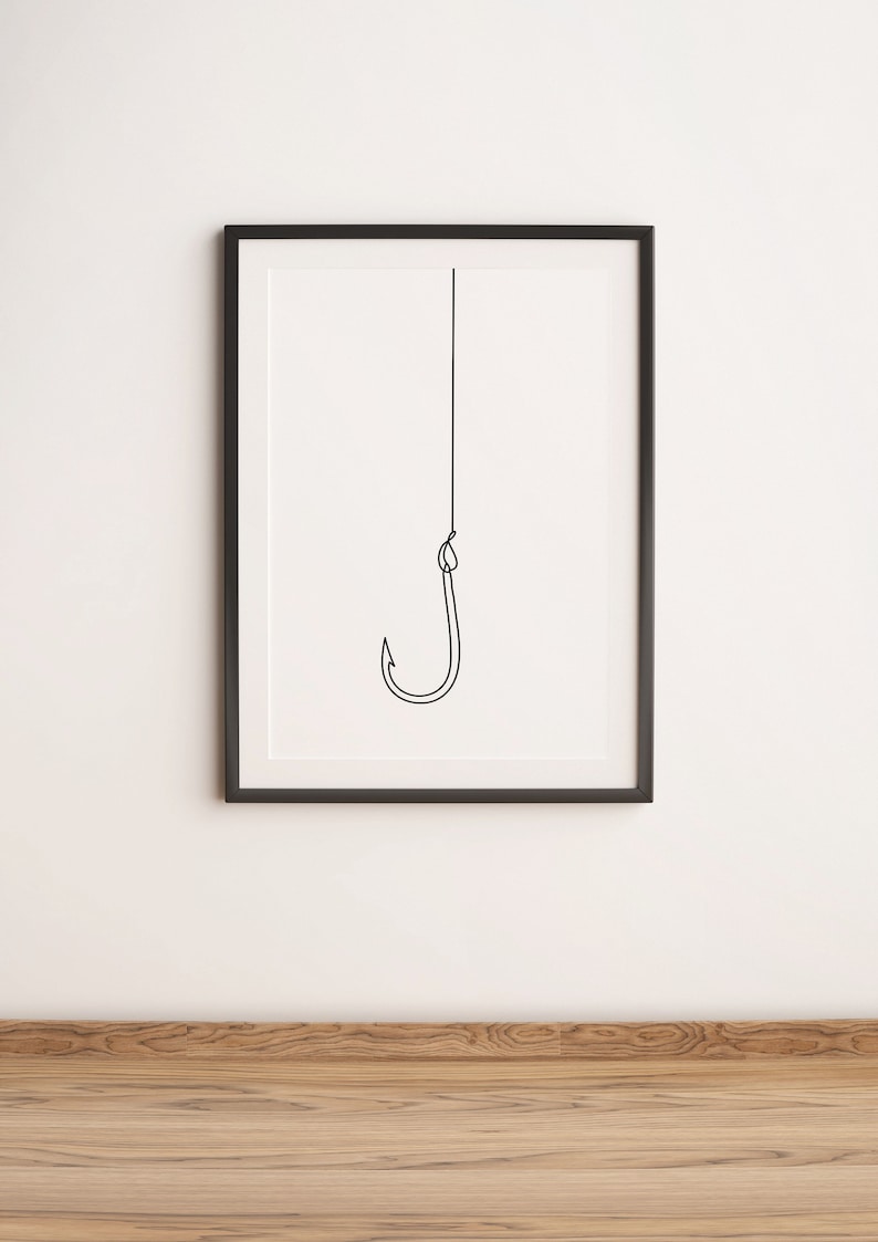 Fishing Hook Wall Art, Minimalist Line Art, Fish Bait Drawing Poster ...