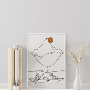 Kayaking Poster, Minimalist Line Art, Sunrise Print, Couple Kayak ...