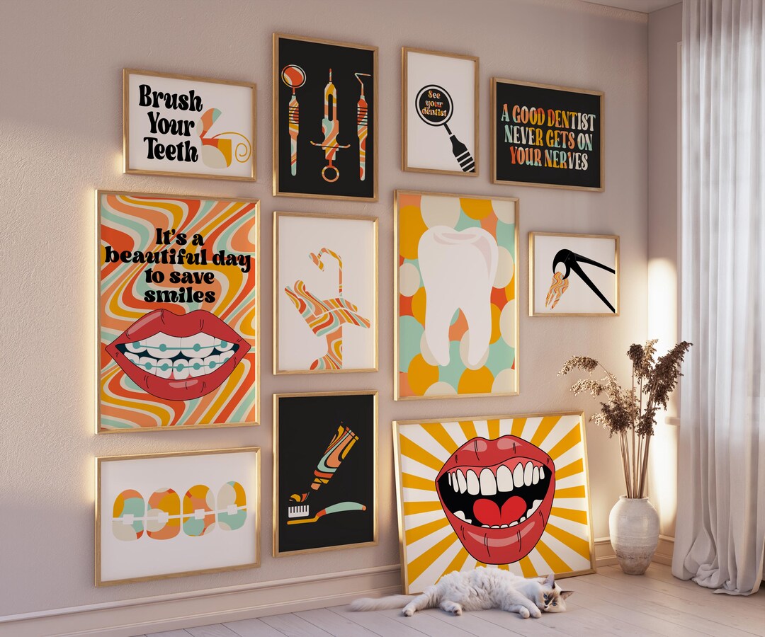 Fun Dental Gallery Set of 11 Drawings, Retro Dentist Office Decor ...