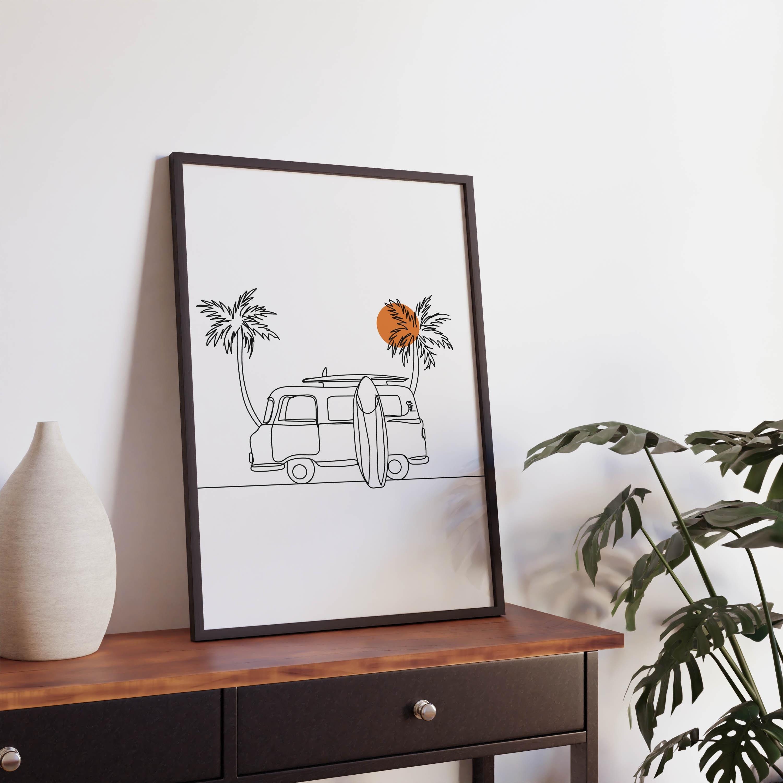 Minimalist Van Life Line Art, Surfing Drawing Poster, Surfer Print ...