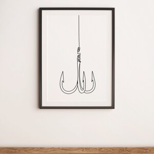 Fishing Hook Wall Art, Minimalist Line Art, Fish Bait Drawing Poster ...