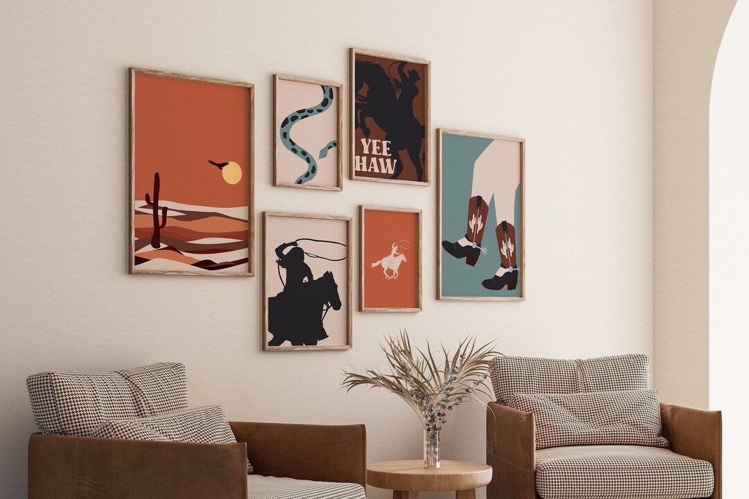 Retro Western Gallery Set of 6 Drawings, Horse Rider Lasso, Decoration, Cowboy Print, Wild West ...